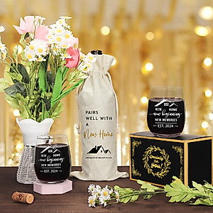 House Warming Gifts New Home, Housewarming gifts for New House, New Home Gifts for Home, Housewarming gift Stemless Wine Glass & Bottle Gift Bag Set for Newlywed Couple, Friends (2 Glasses, 1 Bag)