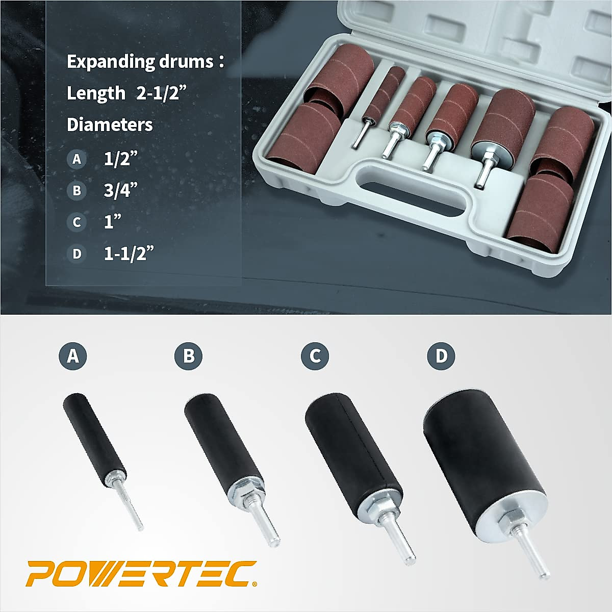 POWERTEC 71634 20-Piece Drill Press Sanding Drum Kit w/ ¼ and 1/8 inch Shanks, Spindle Sander Sleeves, Tool Carrying Case