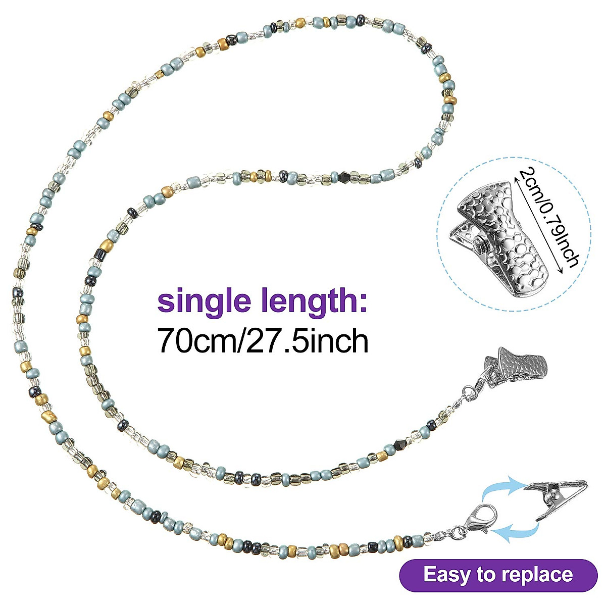 5 Pieces Bead Eyeglass Chains Clip Holder Colorful Beaded Face Covering Lanyards Handmade Necklace with 5 Pairs Silver Clips, 28 Inches Long