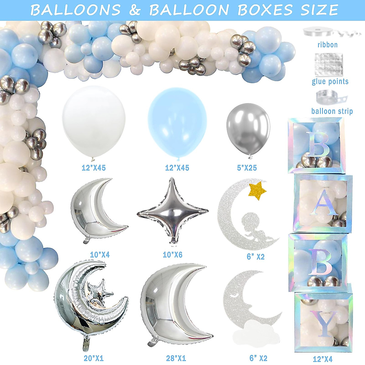 154 PCs Over The Moon Baby Shower Decorations, Fiesec We Are Over The Moon Baby Shower Decorations Backdrop Balloon Garland Glitter Banner Cake Cupcake Topper Boxes Cutout Starry Night Galaxy Sliver
