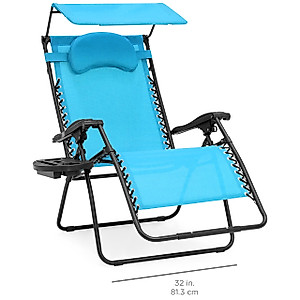 Best Choice Products Oversized Steel Mesh Zero Gravity Reclining Lounge Patio Chair w/Folding Canopy Shade and Cup Holder, Aqua