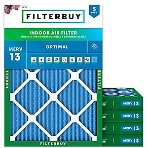 Filterbuy 20x25x2 Air Filter MERV 13 Optimal Defense (5-Pack), Pleated HVAC AC Furnace Air Filters Replacement (Actual Size: 19.50 x 24.50 x 1.75 Inches)