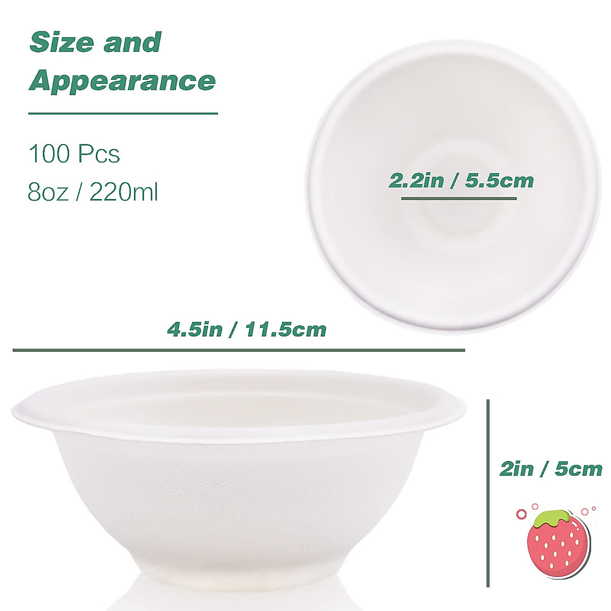Hamiggaa 100 Pcs 8oz Disposable Paper Bowls,Natural Compostable Bowls,White Heavy-Duty Bagasse Bowls for Parties,Catering and Everyday Use