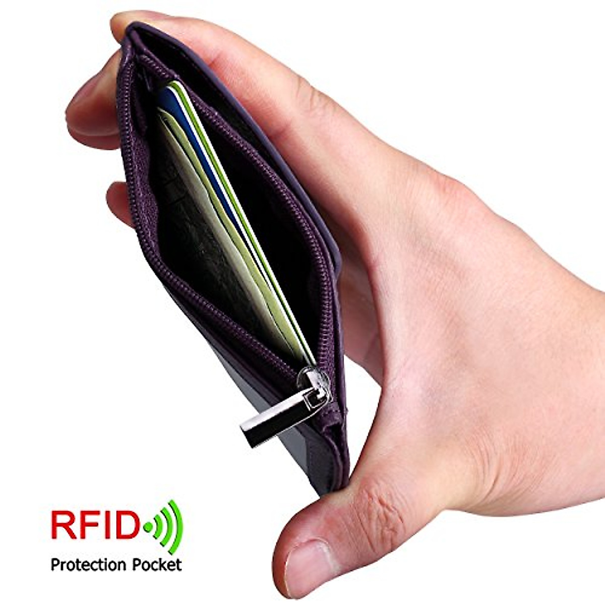 ELV Badge Holder with Zipper, PU Leather ID Badge Card Holder Wallet with 5 Card Slots, 1 Side RFID Blocking Pocket and 20 inch Neck Lanyard Strap for Offices ID, School ID, Driver Licence (Purple)