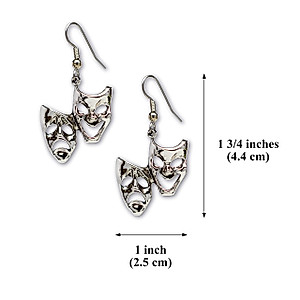Comedy Tragedy Masks for Drama Theater and Actors Silver Finish Pewter Dangle Earrings