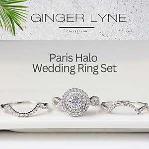Halo Wedding Ring Set for Women by Ginger Lyne |3 Ring Bridal Set | Sterling Silver Engagement Ring Two Matching Anniversary Bands | Cubic Zirconia Promise Rings for Her