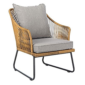 SAFAVIEH Outdoor Collection Jensen Natural Brown Rattan/Grey Seat Cushion 3-Piece Patio Lounge Bistro Set with Table (PAT9008A)