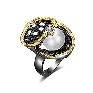 Mytys Vintage Design Statement Rings for Women Gun Black & Gold Color Pearl with Crystal Cocktail Ring Size 8