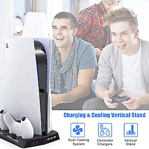 PS5 Controller Charger Vertical Charging Stand for Playstation 5, Dual Cooling Fan Charging Station Dock with 3 USB Ports for Dual Controllers ( Indicator Included)