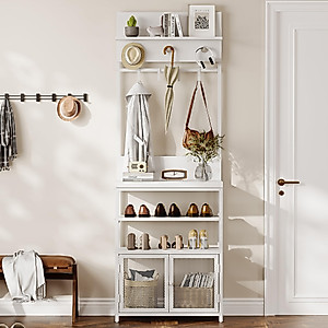 IDEALHOUSE Hall Tree with Doors White 72.8in Coat Rack Shoe Storage Narrow Coat Tree Shoe Shelf Organizer with 7 Hooks for Entryway Bedroom and Mudroom
