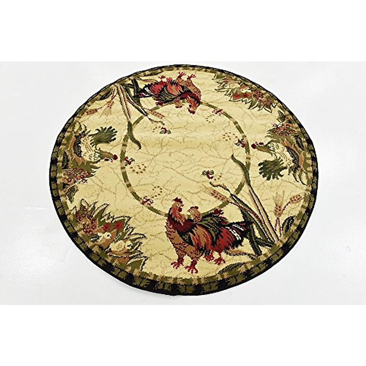 Unique Loom Barnyard Collection French Country Inspired Cottage Rooster Design Area Rug (4' 0 x 4' 0 Round, Ivory/Olive)