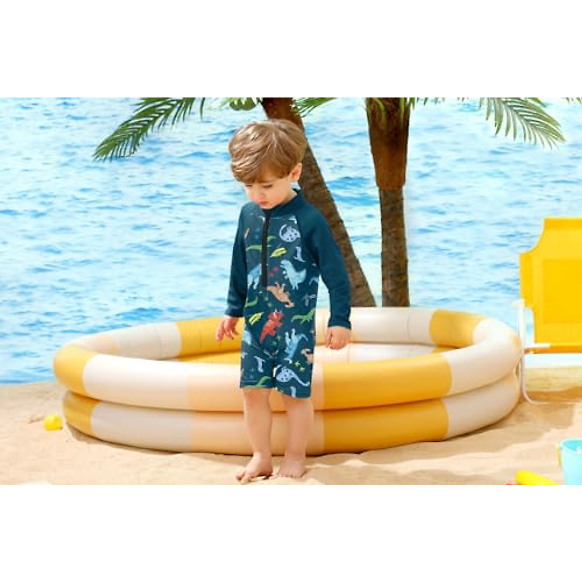 BesserBay Long Sleeve One Piece Rashguard UPF 50+ Dinosaur Navy Zip Up Swimwear for Baby Boy 18-24 Months