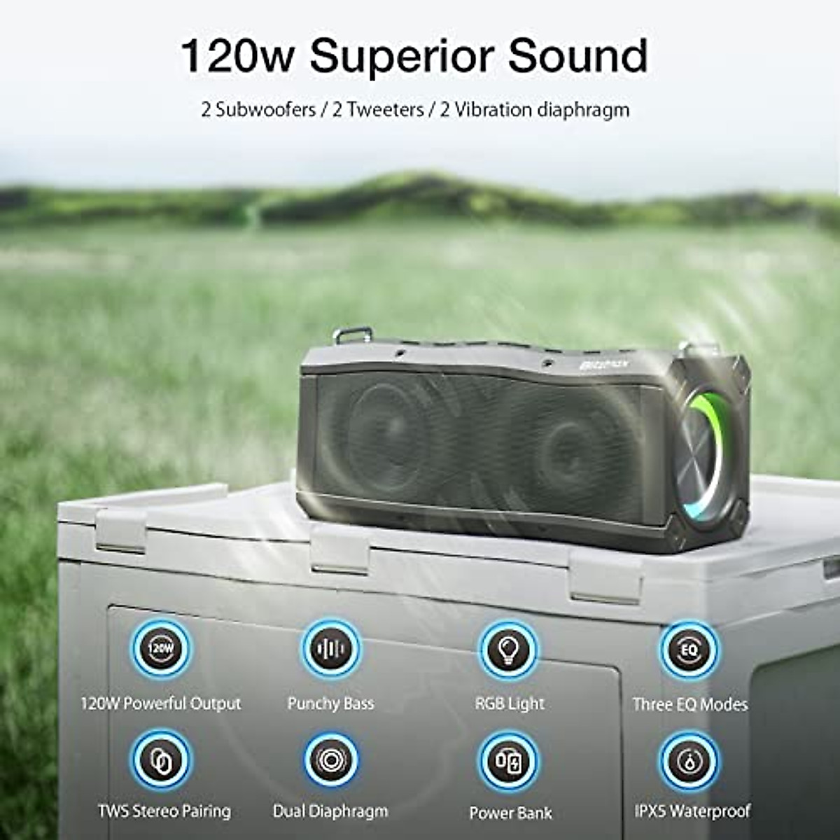 BlitzMax WA3 PRO 120W 360° Surround Stereo TWS Portable Wireless Bluetooth 5.0 Mini Speaker with Microphone,Waterproof,4 RGB Light,3 EQ Modes,Power Bank,DSP Technology,Outdoor Travel Party,AUX TF USB