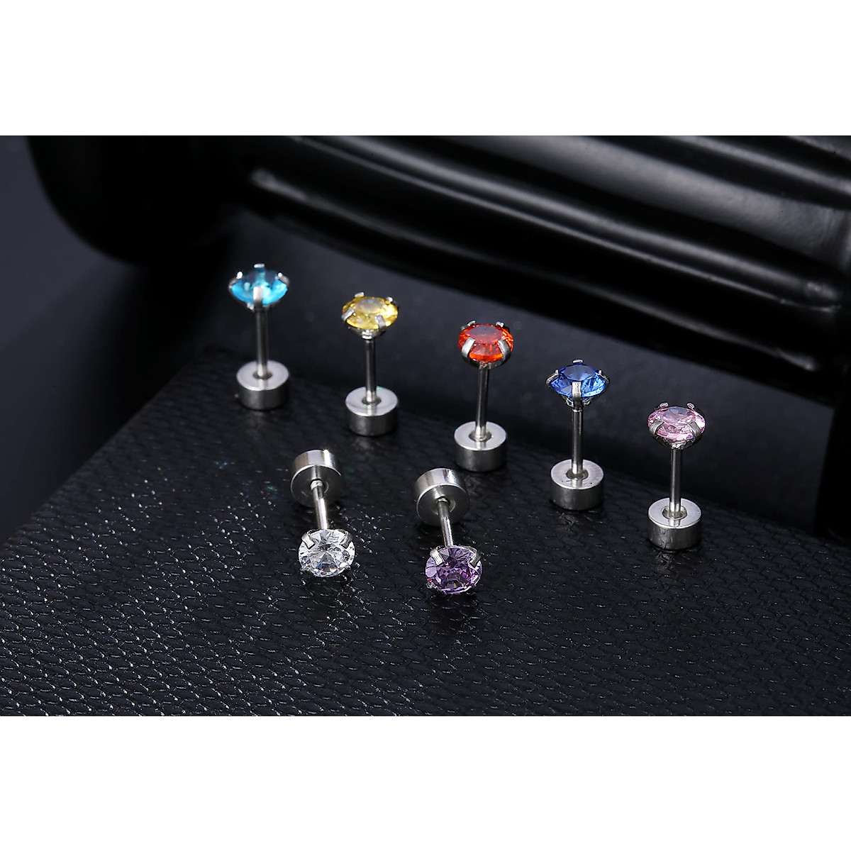 Leocuci Stainless Steel Flat Back Stud Earrings for Women Screw Back Twist Cartilage Earring Surgical Steel Colorful CZ Earrings 20g 4mm
