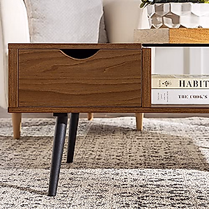 Walker Edison Montclair Mid Century Modern Glass Top 1 Drawer Coffee Table, 42 Inch, Glass and Acorn