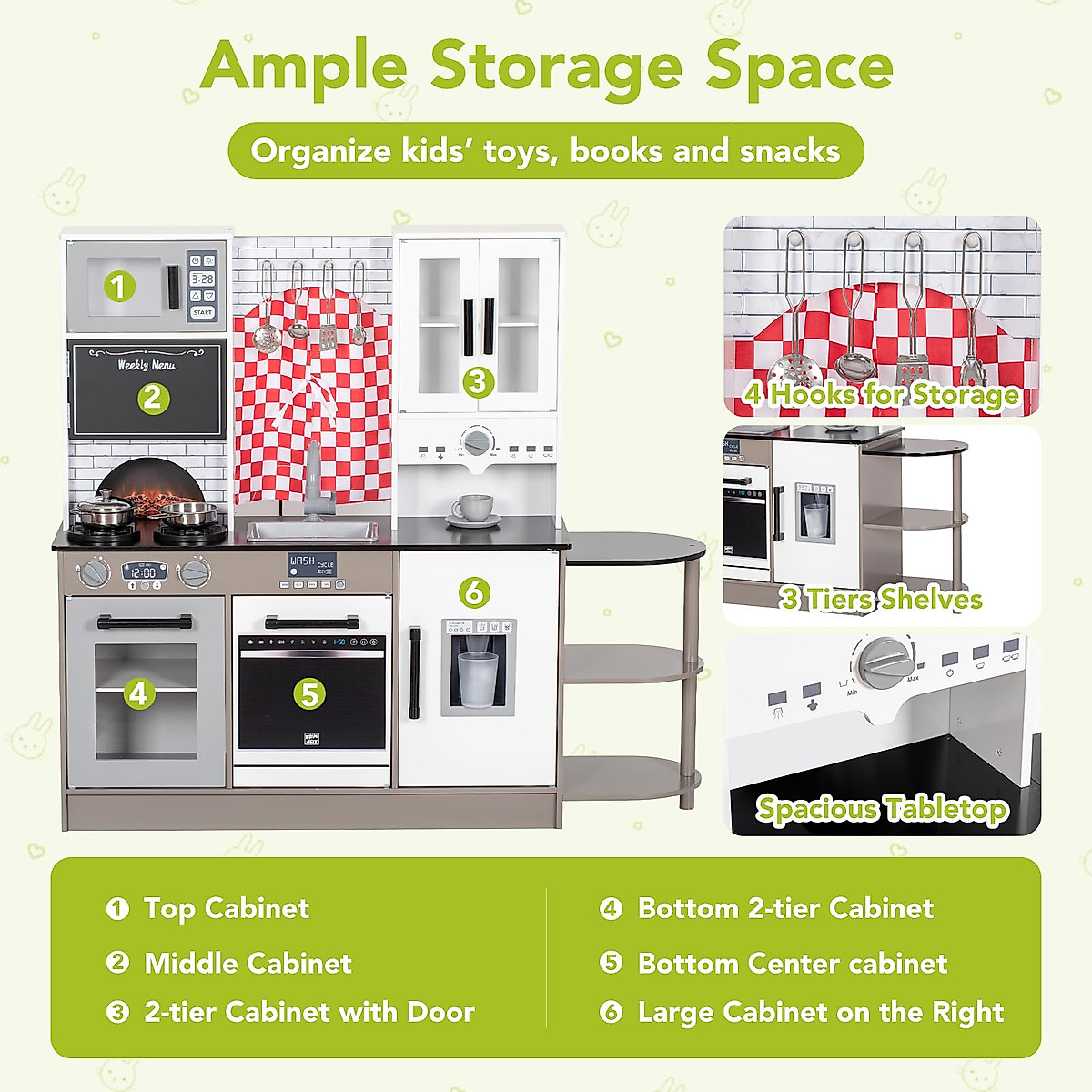 BRINJOY Kids Kitchen Playset, Wooden Toddler Kitchen Set w/Curtains, Coffee Maker, Storage Shelf, Stove,Sink, Utensils, Light & Sound, Kids Pretend Play Kitchen Toy Gift for Girls Boys (3-Stage)