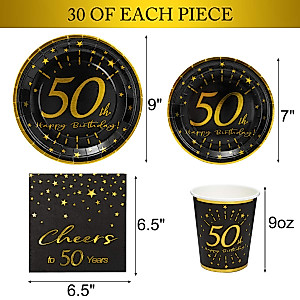 HOMIX 50th Birthday Plates and Napkins and Cups Sets Serves 30, 9" Dinner Paper Plates 7" Dessert Paper Plates 9 oz Cups 3 Ply Napkins 50th Birthday Party Supplies and Decorations for Men and Women