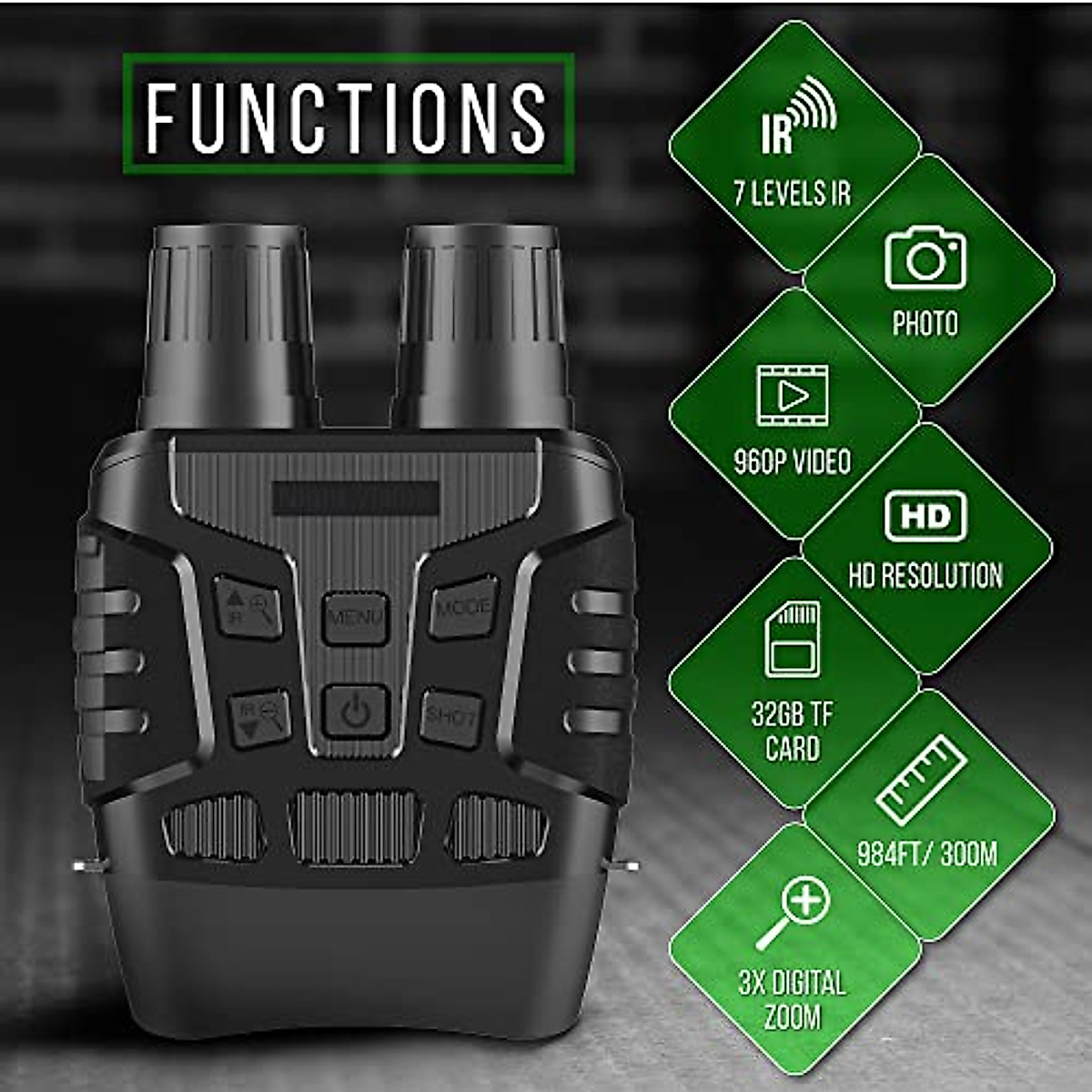 Bush Tech Night Vision Binoculars, Military-Grade Infrared Binoculars with Camera for Hunting and Surveillance, Day and Night High-Power Binoculars with 3X Digital Zoom, 984ft Range, 2.31” LCD Display