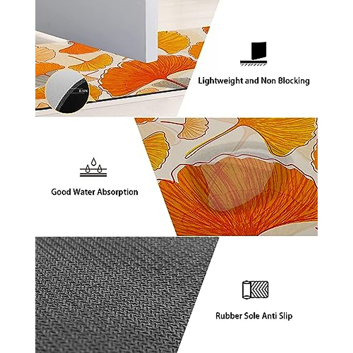 Fall Leaves Bath Mat for Tub,Non Slip Bathroom Floor Runner Rug Quick Dry & Absorbent Diatomaceous Earth Kitchen Room Shower Sink Washable Doormat,Retro Middle Century Orange Yellow Leaf 18"x30"