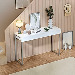 GreenForest Vanity Desk with 2 Drawers Glossy White 47 inch Modern Home Office Computer Writing Desk Makeup Dressing Table with Metal Silver Legs for Bedroom,Without Mirror