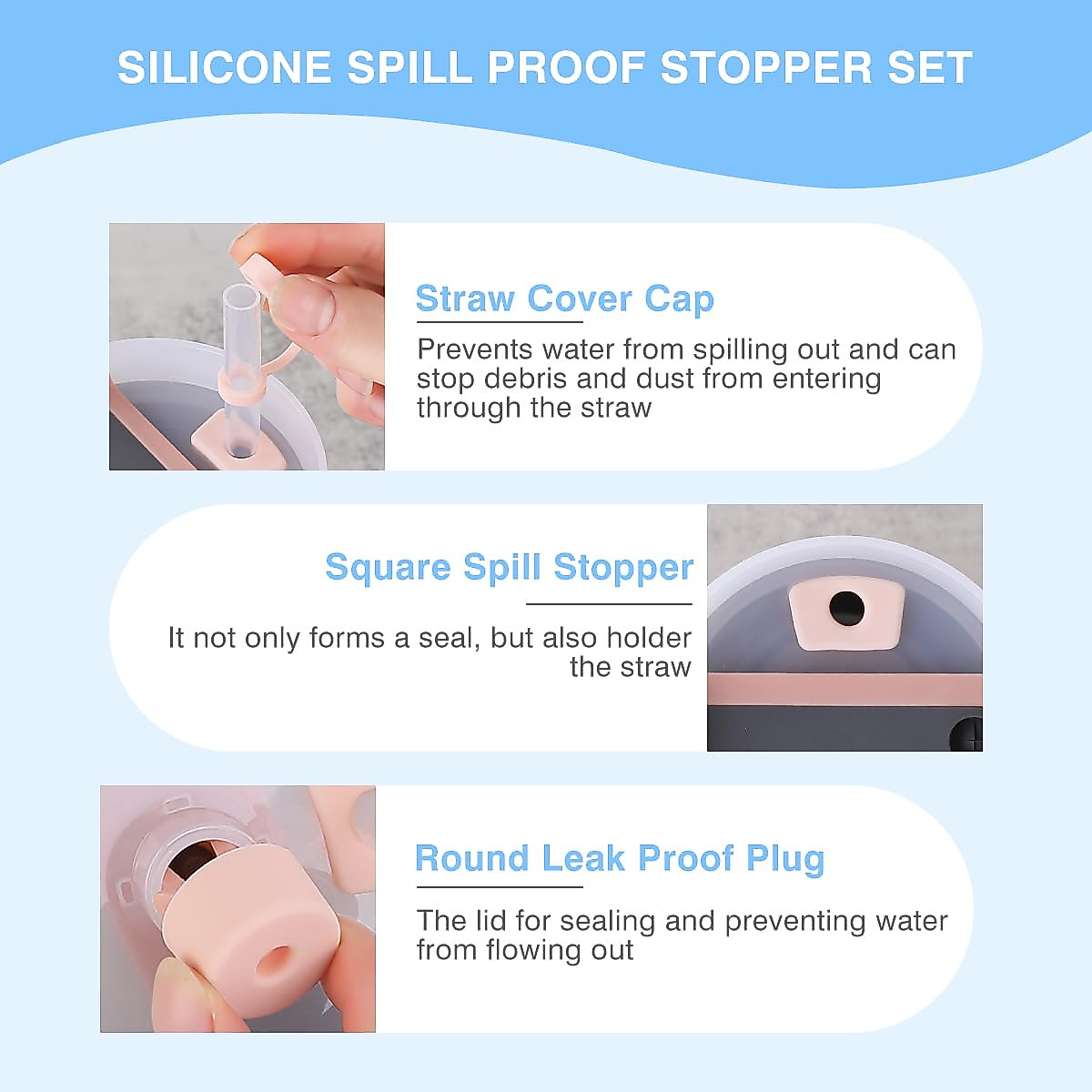 BGAANM Silicone Spill Proof Stopper Set Compatible with Stanley Quencher H2.0 FlowState Tumbler 40oz/ 30oz, Accessories Include 2 Straw Cover Cap, 2 Square Spill Stopper, 2 Round Leak Stopper (White)