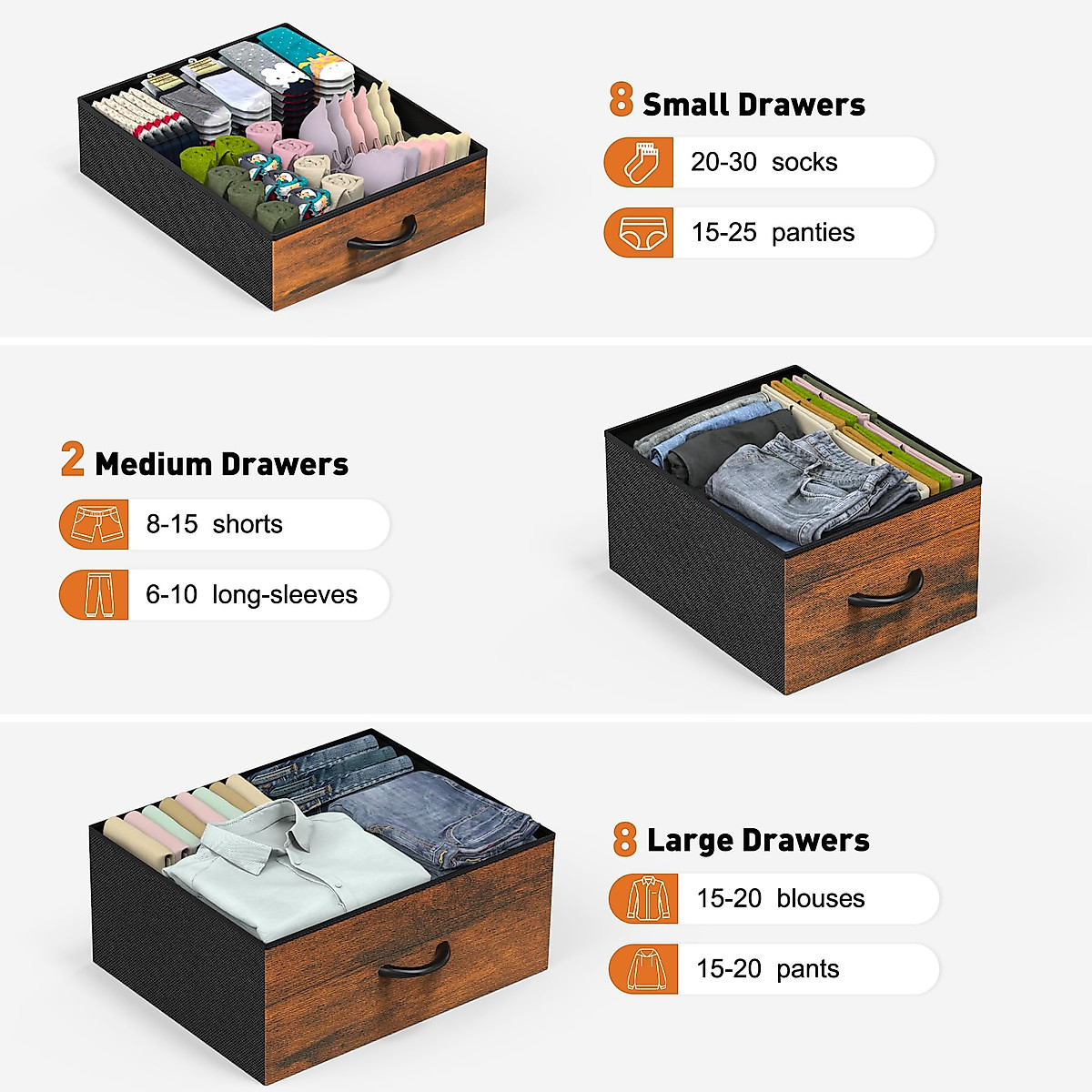 YaFiti 18 Drawer Dresser, Tall Dressers for Bedroom, Extra Large Capacity Fabric Storage Dresser with Wooden Top and Sturdy Metal Frame for Living Room, Closet, Hallway (Rustic Brown)