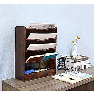 PAG 5-Tier Wall File Holder Hanging Mail Organizer Wood Magazine Literature Rack with 6 Hooks, Brown