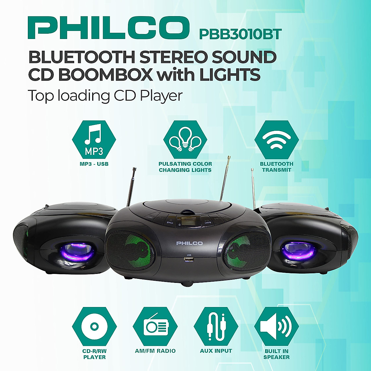 Philco Portable Bluetooth Boombox CD Player with AM FM Radio and USB Playback | Fun Lights |Stereo Sound | CD Player is Compatible with MP3/WMA/CD-R/CD-RW CDs | 3.5mm Aux Input | AC/Battery Powered