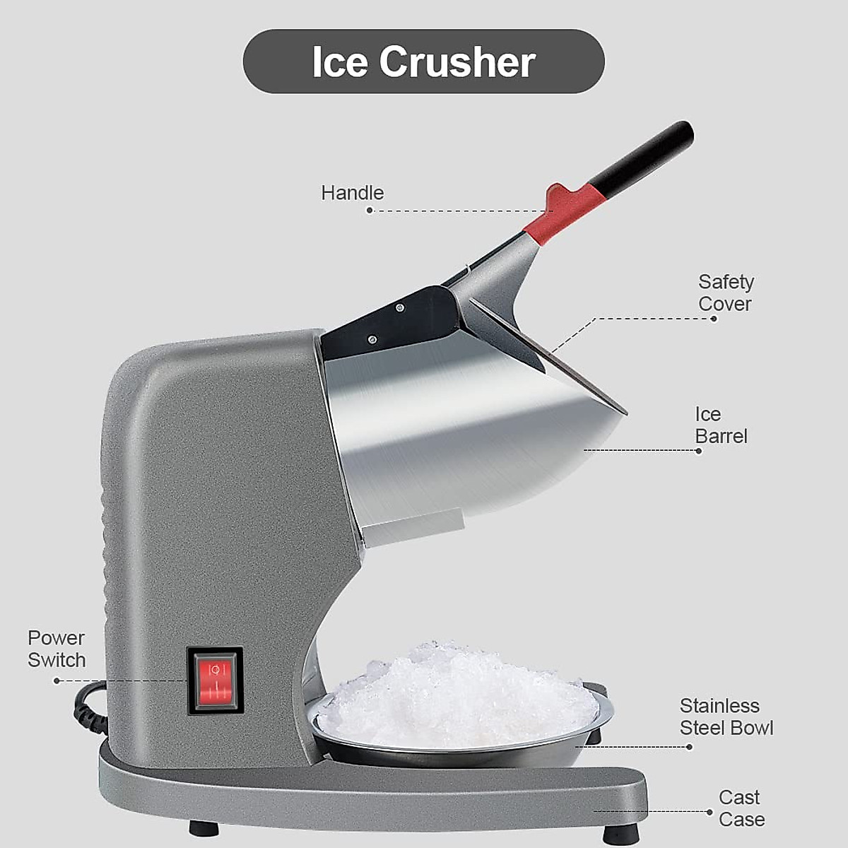 OKF Ice Shaver Prevent Splash Electric Three Blades Snow Cone Maker 380W Stainless Steel Shaved Ice Machine 286lbs/hr Home and Commercial Ice Crushers with Ice Pick