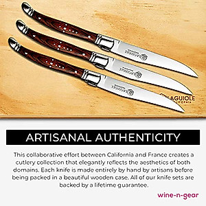 Laguiole California Steak Knives - 6 Piece Rosewood Set - Ergonomic Handles - Stored in a California Oakwood Gift Box - Extremely Sharp Straight Steel Blades are Thick Gauge, Full Tang