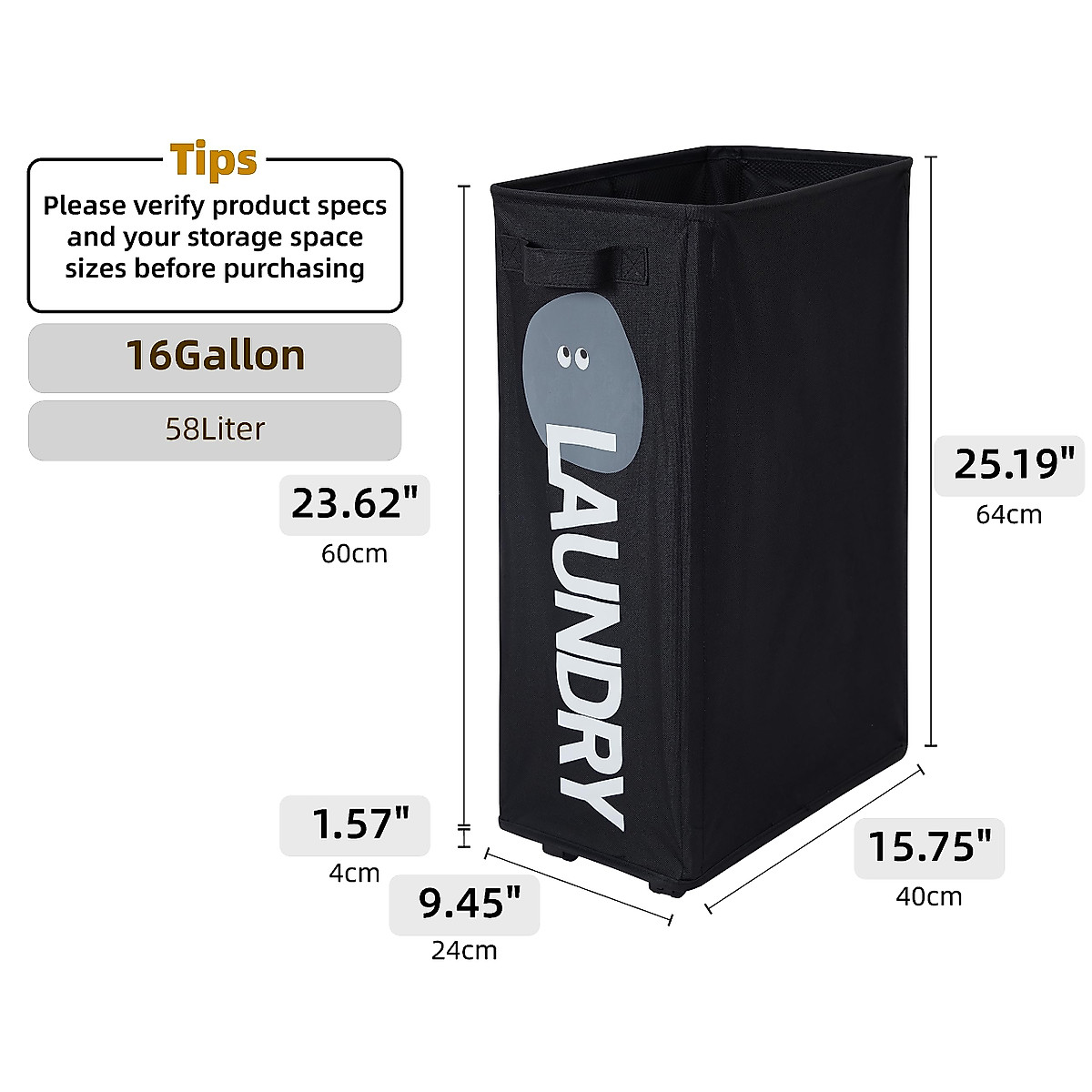 ECOWAN LIVING Laundry Basket with Wheels, Narrow Thin Tall Rolling Collapsible Foldable Laundry Hamper, Waterproof Corner Dirty Clothes Laundry Bin, Handle on Both Side, 58L (Slim Plus/16Gal, Black)