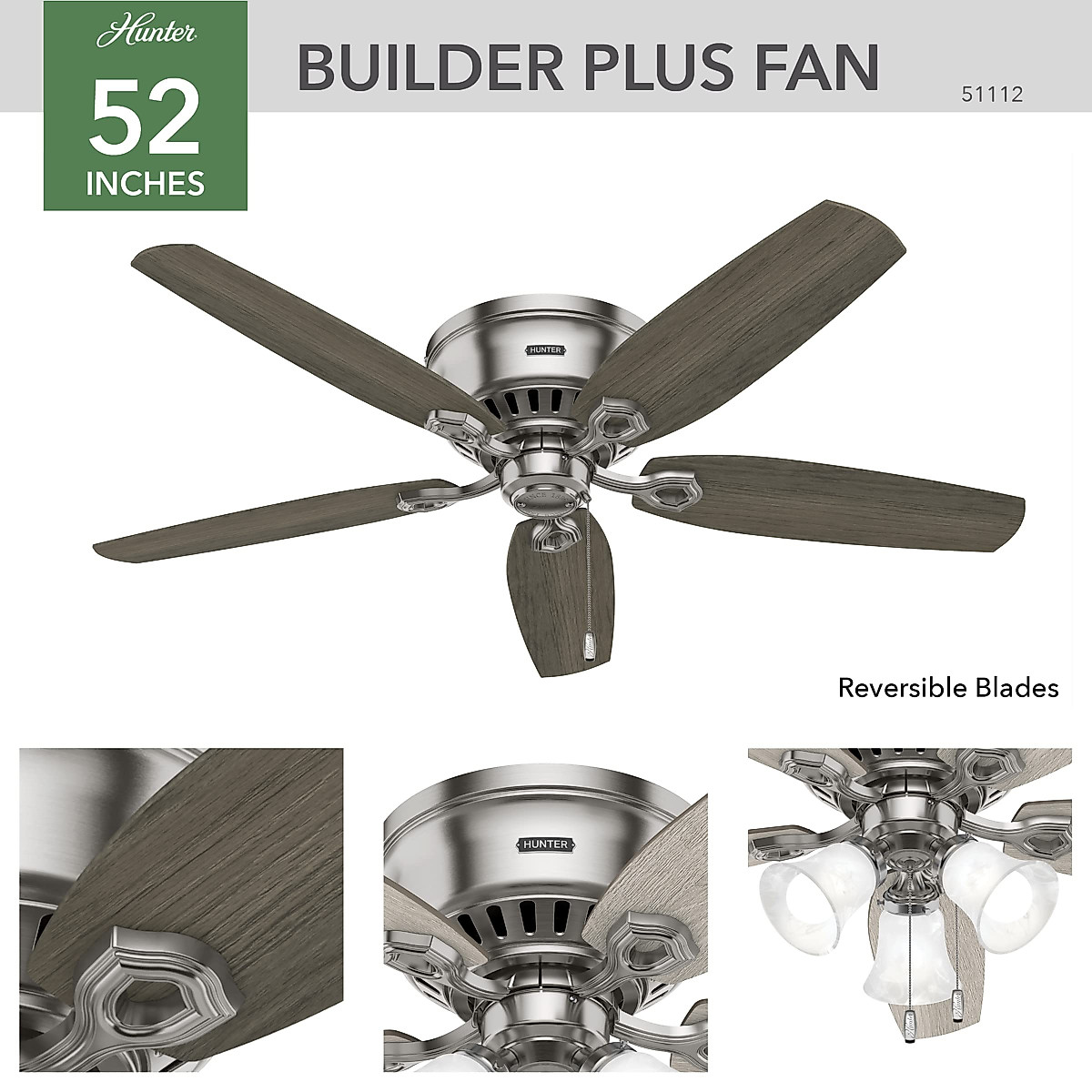 Hunter Fan Company Builder 52-inch Indoor Brushed Nickel Traditional Ceiling Fan With Bright LED Light Kit, Pull Chains, and Reversible WhisperWind Motor Included
