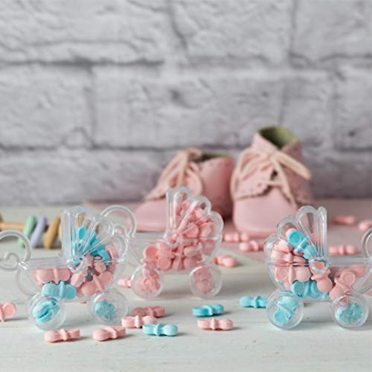 Baby Carriage Shaped Acrylic Candy Boxes - 12 Pack - 2.75"x2.75"x0.71" - Perfect for Weddings, Birthdays, Party Favors and Gifts | Cute Clear Plastic Containers | Clear Fillable Ornaments Crafts Decorations