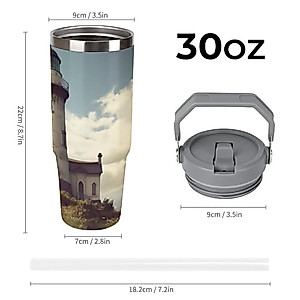 BWQJKUO Large Capacity Car Cup 30 Oz Stainless Steel Old Lighthouse Printed Travel Mug Leak-proof Flip Straw Tumbler with Handle,keeps Cold Or Ho