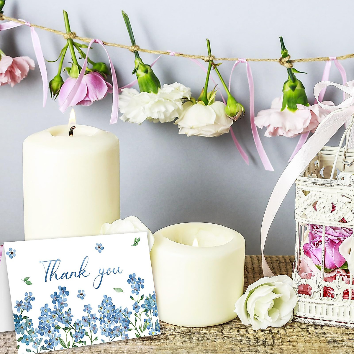 Whaline 24 Pack Watercolor Floral Thank You Cards Bulk Forget-Me-Not Myosotis Sylvatica Flower Greeting Cards with Envelope Sticker Blank Note Cards for Wedding Baby Shower Bridal Birthday Party