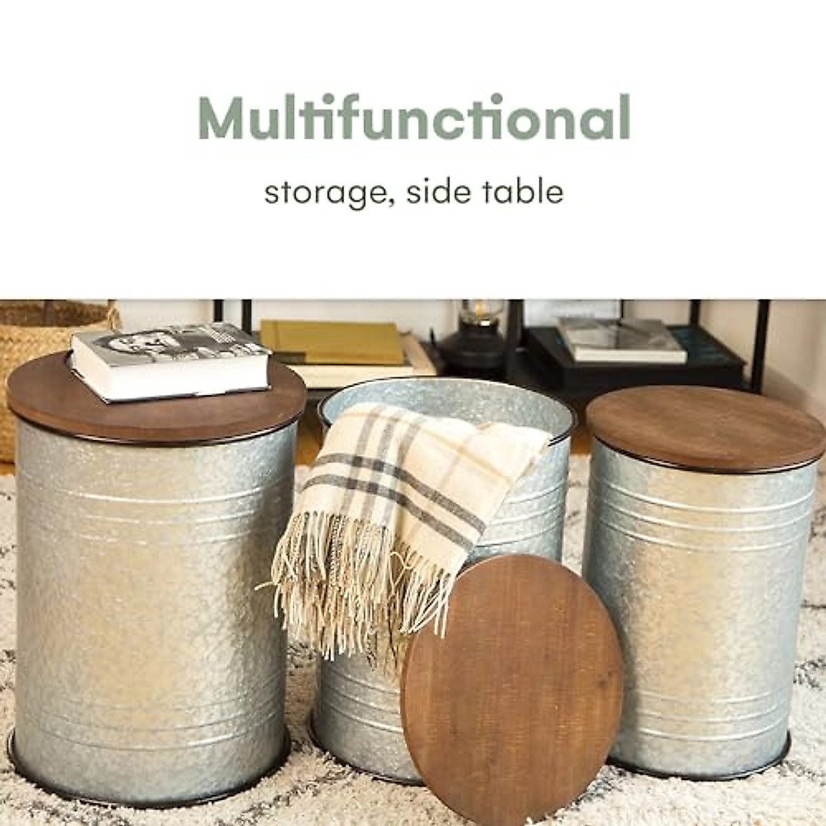 Hallops Farmhouse Accent Side Table | Galvanized Rustic Coffee Table | Metal Storage Ottoman Wood Cover | Farmhouse Decor Storage Box (Set of 3, Silver)