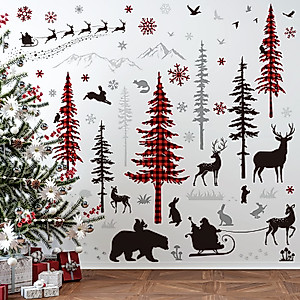 Whaline Christmas Wall Stickers Roll Red Black Plaid Xmas Tree Wall Floor Decor Forests Animals Prints Waterproof Art Wallpaper Winter Scenes Double Side Window Decals for Xmas DIY Home Party Decor