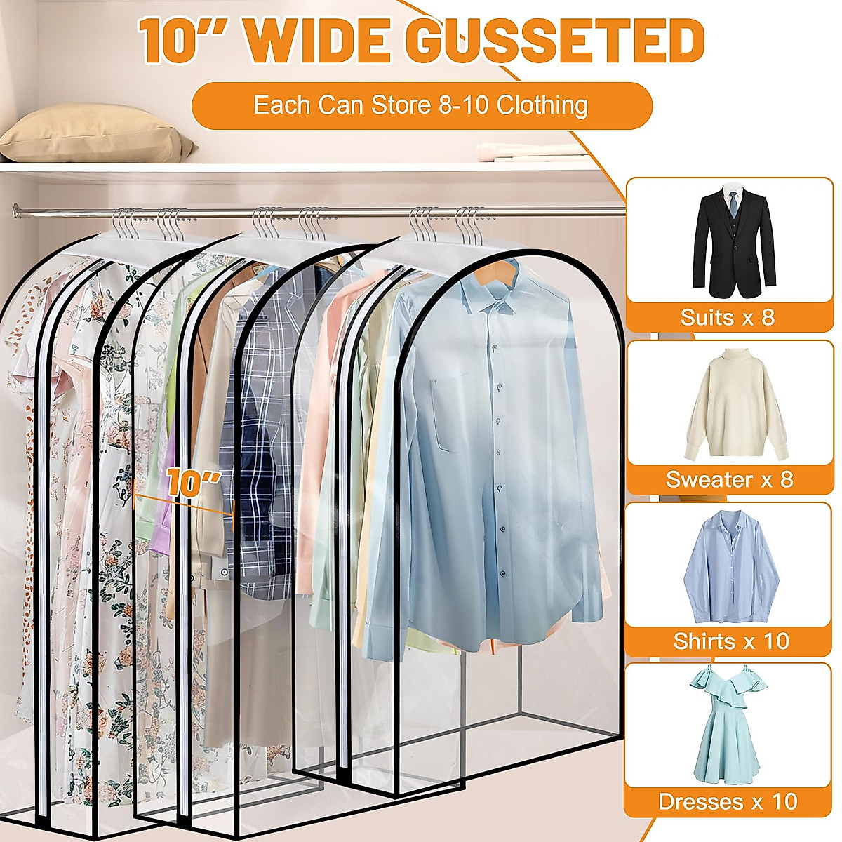 Dntorx 4 Pack Full Clear Garment Bags (40&50"), Clothes Covers with 10" Gusseted, Clear Bags for Hanging Clothes, Suit Bags, Coat Covers for Closet with Side Zip for Coats, Jackets, Windbreaker, Dress