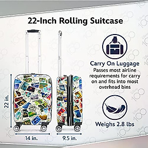 FUL Disney 100 22 Inch Carry On Rolling Luggage, 100 Years of Disney Stamps Hardshell Suitcase with Spinner Wheels, Multi