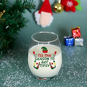 Tis the Season to Get Tipsy Christmas Stemless Wine Glass, Christmas Gift Wine Glass for Friends Dad Mom Women Men Family Christmas Holiday Wedding, 15 Oz