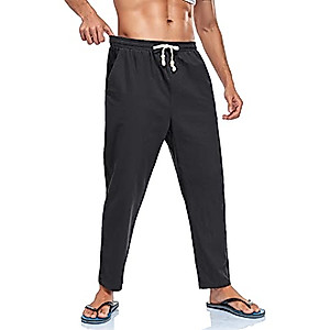 sherelie Men's 100% Cotton Ankle Pants Drawstring Linen Like Pants 4 Pockets Pull-On Pants Lounge Casual Summer Beach Trousers, Black, XL