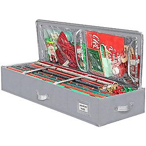 Premium Wrapping Paper Storage Container -Durable Material 600D tear-proof - Fits up to 27 Paper Rolls -Extra Pockets for Ribbons & Bows. Underbed Gift Wrap Organizer, Ideal for Holiday Christmas, etc