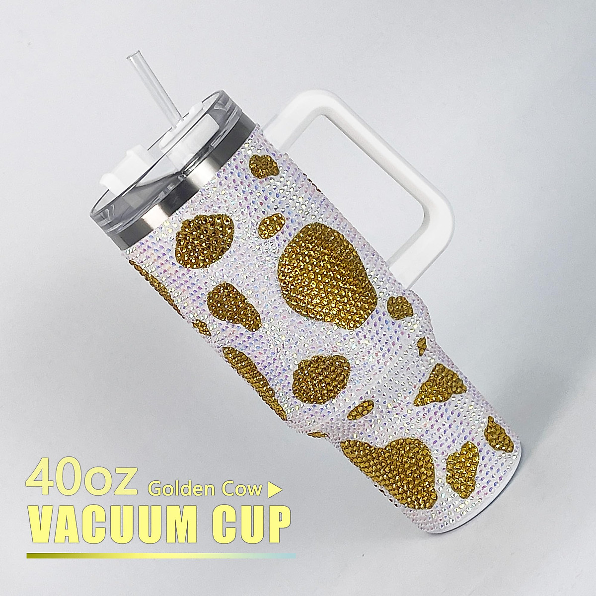 Cupcupmore 40oz Golden Cow Bling Rhinestone Stainless Steel Sippy Tumbler Glitter Vacuum Insulated Water Bottle with Straw & Lid & Handle,Thermos for Hot & Cold Drinks,Car Cup Holder,Coffee