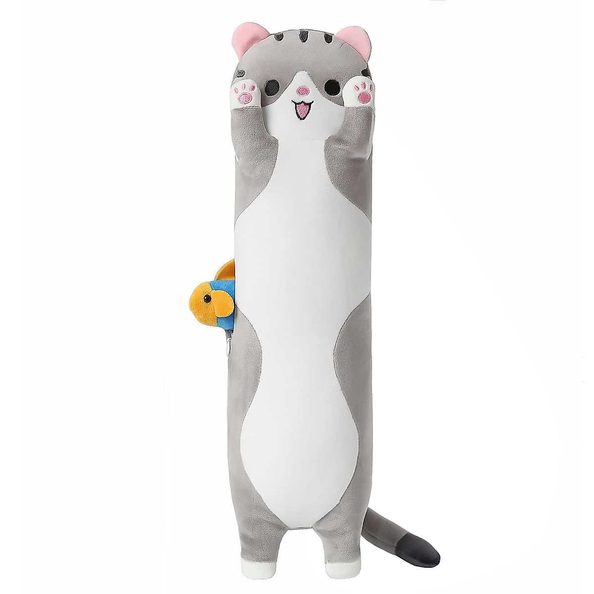 PEACHCAT Long Cat Plush Pillow Cute Kitty Body Pillow with Kawaii Fish Plushie Toy Stuffed Animal for Girls and Boys Gray 35.4"