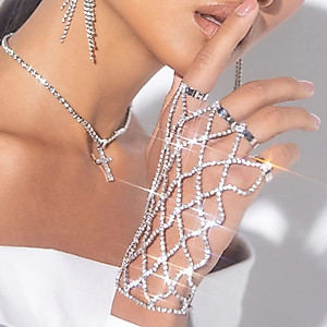 EARENT Rhinestone Bracelet Ring Silver Hand Chain Crystal Bangle Finger Rings Bracelets Wedding Hand Harness Hand Accessories for Women