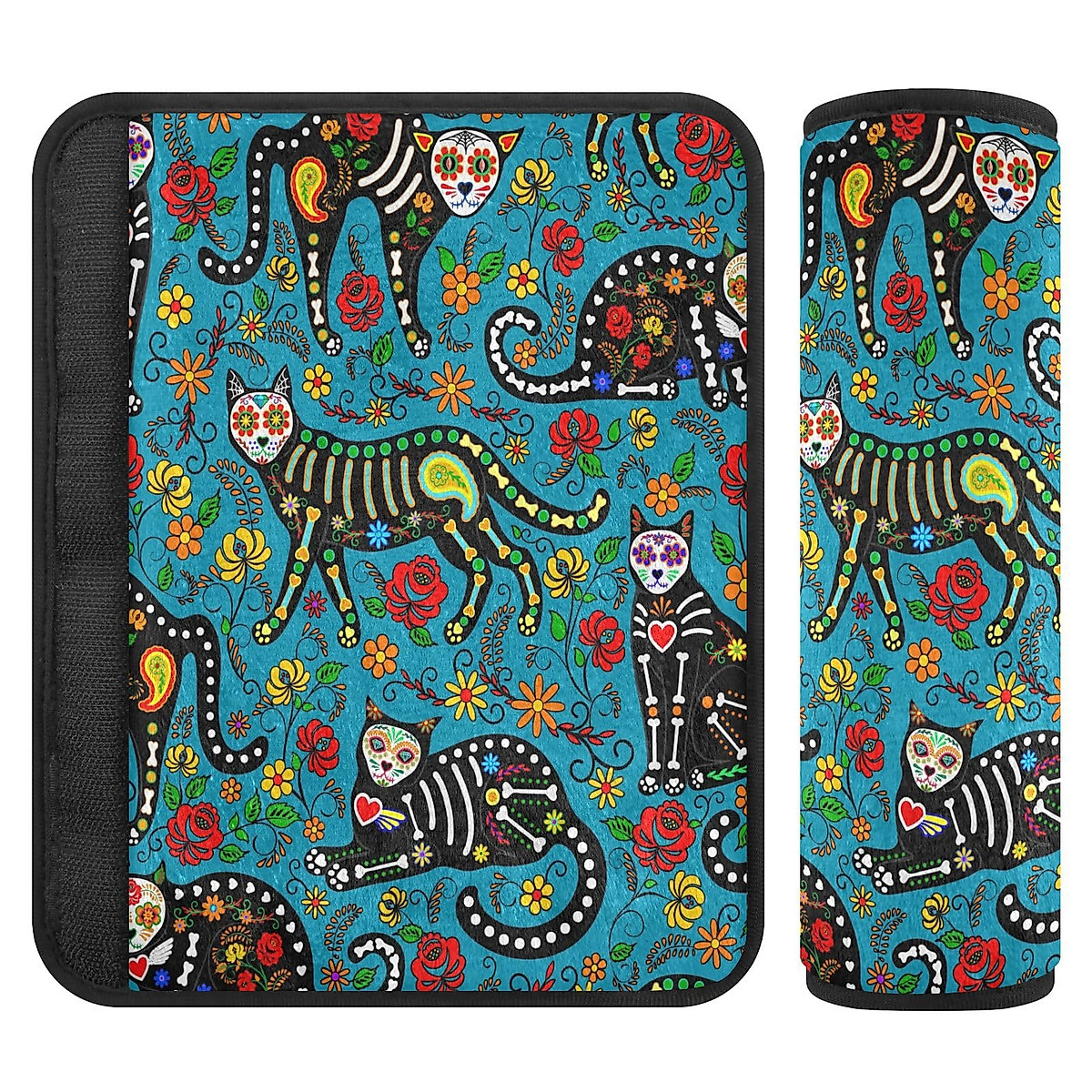 Halloween Sugar Skull Cat Seat Belt Covers 2 Pack Car Seat Strap Covers Super Soft Car Seat Neck Cover for Boys Girls Adults Babies