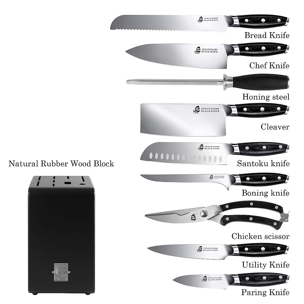 TUO Kitchen Knife Set - 10 Pieces Knife Set with Wooden Block - Premium Forged German Stainless Steel, Ergonomic Pakkawood Handle - Black Hawk Series with Gift Box