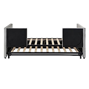 DEINPPA Twin Extendable Platform Bed, Upholstered Transitional Daybed with Trundle, Twin Size to King Size Bed, No Box Spring Needed-Grey