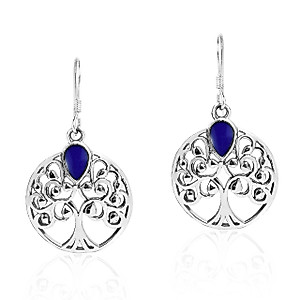 Luscious Branches Tree of Life Simulated Blue Lapis-Lazuli .925 Sterling Silver Dangle Earrings
