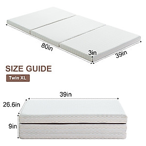 MUUEGM 3 Inch Foldable Mattress Trifold Mattress Folding Bed,Memory Foam Floor Sleeping Mattress,Portable Trifold Toddler Bed Mattress XL Twin Silver Golden